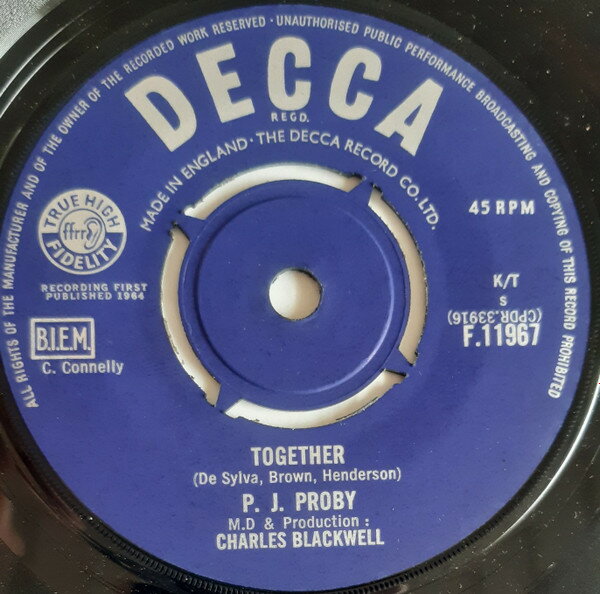 ・アーティスト P.J. Proby ・タイトル Together ・レーベル・型番 ・フォーマット 7インチレコード ・コンディション(盤) 可 (VG) ・コンディション(ジャケット) プレインカバー（元ジャケット／カバー無し） ・コン...