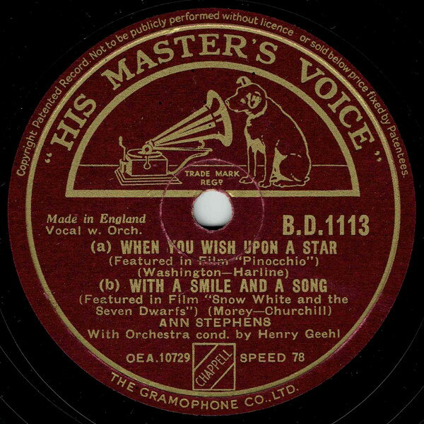 ・アーティスト Ann Stephens ・タイトル When You Wish Upon A Star / With A Smile And A Song / Baby Mine / Little Wooden Head ・レーベル・型番...