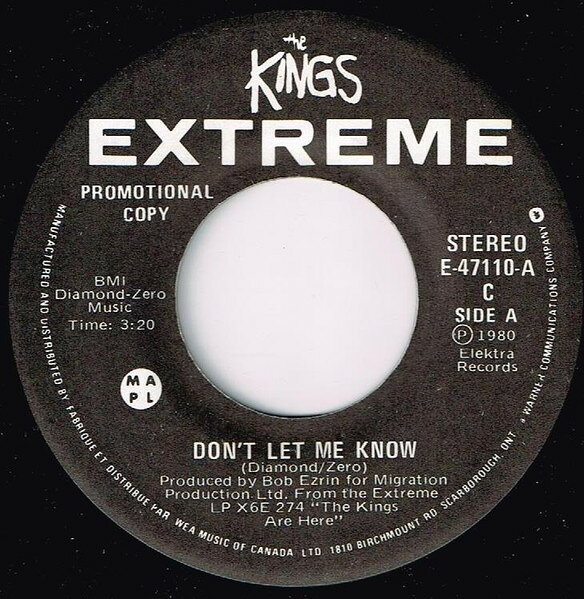 ・アーティスト Kings ・タイトル Don't Let Me Know / Partyitis ・レーベル・型番 Extreme E47110PROMO ・フォーマット 7インチレコード ・コンディション(盤) 良い (VG+) ・コン...