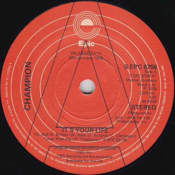 ・アーティスト Champion ・タイトル It's Your Life ・レーベル・型番 Epic SEPC6756PROMO ・フォーマット 7インチレコード ・コンディション(盤) 良い (VG+) ・コンディション(ジャケット) ...