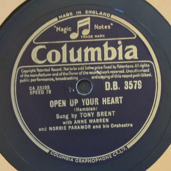 ・アーティスト Tony Brent, Anne Warren, Norrie Paramor & His Orchestra ・タイトル Open Up Your Heart / Hearts Of Stone ・レーベル・型番 COLU...