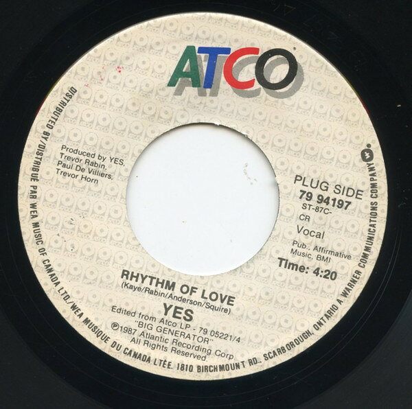 ・アーティスト Yes ・タイトル Rhythm Of Love ・レーベル・型番 ATCO 7994197 ・フォーマット 7インチレコード ・コンディション(盤) 良い (VG+) ・コンディション(ジャケット) プレインカバー（元ジャ...