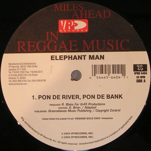 ・アーティスト Elephant Man ・タイトル Pon De River, Pon De Bank / All Out ・レーベル・型番 VP Records VPRD6404 ・フォーマット 12インチレコード ・コンディション(盤...