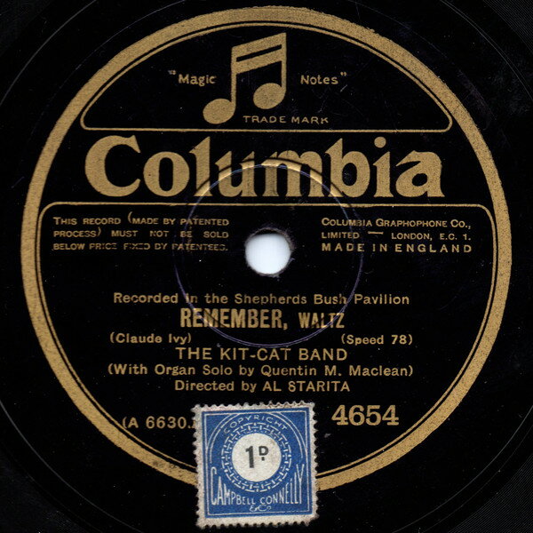・アーティスト Kit Cat Band ・タイトル Diane - Waltz / Remember - Waltz ・レーベル・型番 COLUMBIA 4654 ・フォーマット 78回転SP盤レコード ・コンディション(盤) 良い (V...