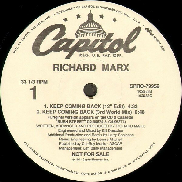 ・アーティスト Richard Marx ・タイトル Keep Coming Back ・レーベル・型番 Capitol Records SPRO79959PROMO ・フォーマット 12インチレコード ・コンディション(盤) 良い (VG...