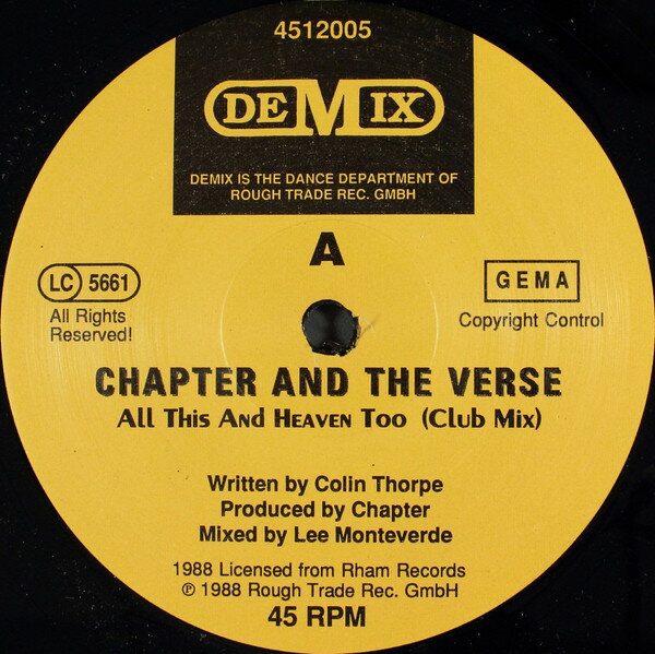 ・アーティスト Chapter & The Verse ・タイトル All This And Heaven Too ・レーベル・型番 Demix 4512005 ・フォーマット 12インチレコード ・コンディション(盤) 良い (VG+) ...