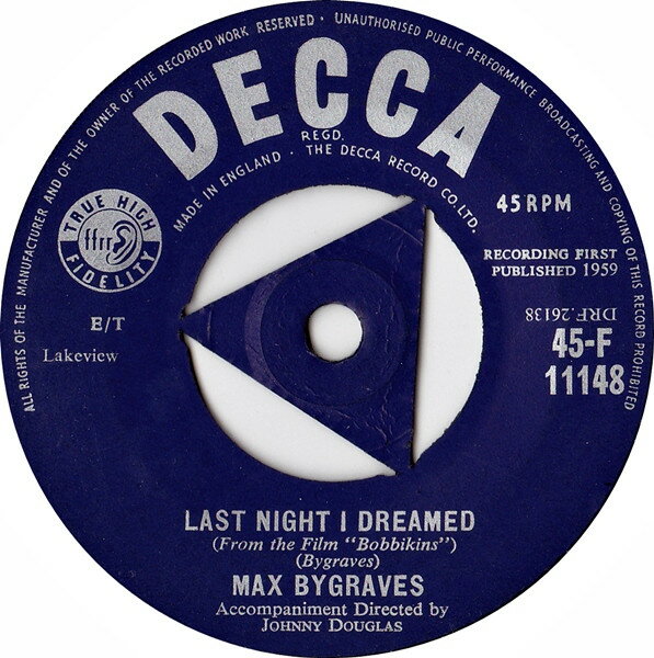 ・アーティスト Max Bygraves ・タイトル Last Night I Dreamed ・レーベル・型番 Decca 45F11148 ・フォーマット 7インチレコード ・コンディション(盤) 良い (VG+) ・コンディション(ジ...
