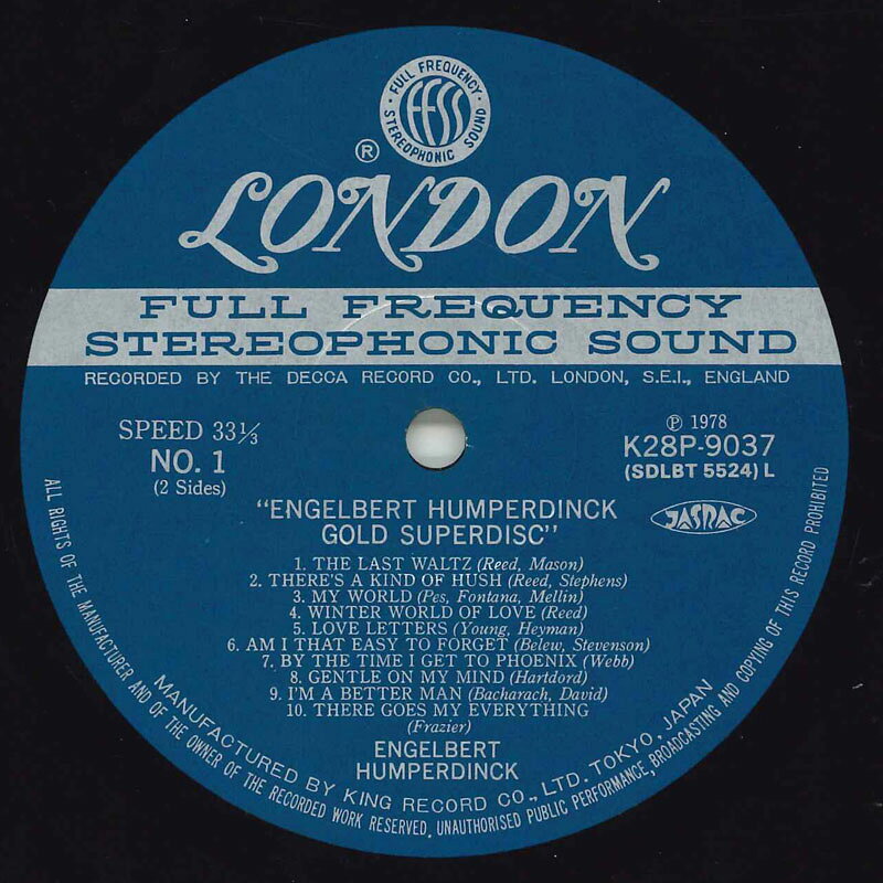 ・アーティスト Engelbert Humperdinck ・タイトル Engelbert Humperdinck Gold Superdisc ・レーベル・型番 LONDON K28P9037 ・フォーマット LPレコード ・コンディショ...