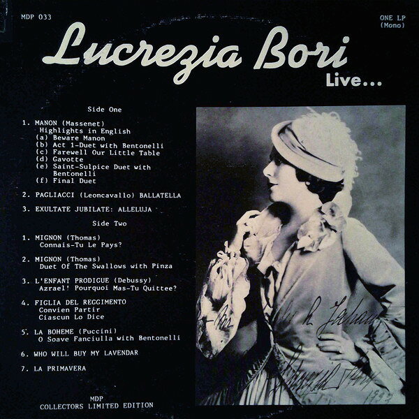 ・アーティスト Lucrezia Bori ・タイトル Live ・レーベル・型番 MDP MDP033 ・フォーマット LPレコード ・コンディション(盤) 非常に良い(EX) ・コンディション(ジャケット) 良い (VG+) ・コンディ...