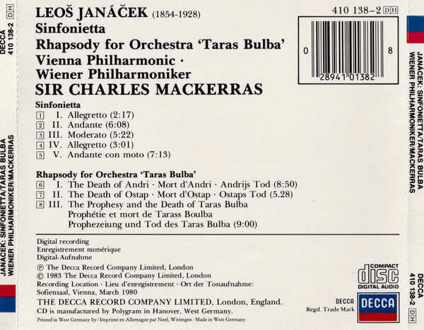 ・アーティスト Wiener Philharmoniker, Sir Charles Mackerras ・タイトル Leos Janacek : Sinfonietta ? Taras Bulba ・レーベル・型番 DECCA 41013...