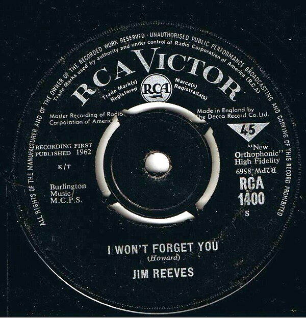 ・アーティスト Jim Reeves ・タイトル I Won't Forget You ・レーベル・型番 RCA Victor RCA1400 ・フォーマット 7インチレコード ・コンディション(盤) 良い (VG+) ・コンディション(ジ...