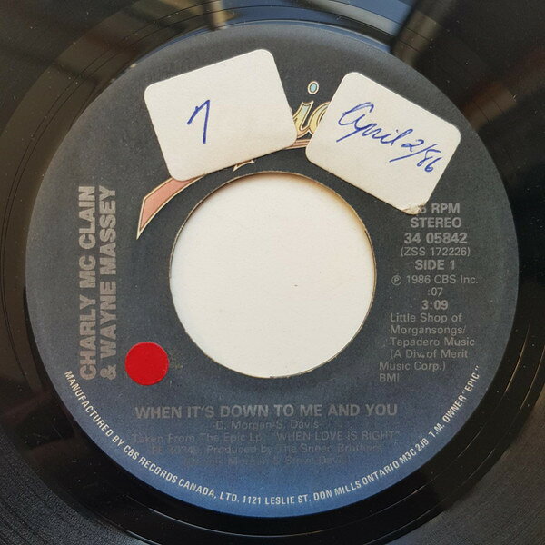 ・アーティスト Charly McClain , Wayne Massey ・タイトル When It's Down To Me And You ・レーベル・型番 Epic 3405842 ・フォーマット 7インチレコード ・コンディション...