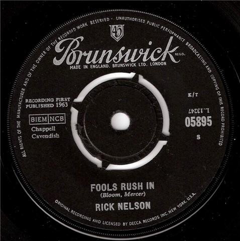 ・アーティスト Ricky Nelson ・タイトル Fools Rush In / Down Home ・レーベル・型番 Brunswick 05895 ・フォーマット 7インチレコード ・コンディション(盤) 可 (VG) ・コンディシ...