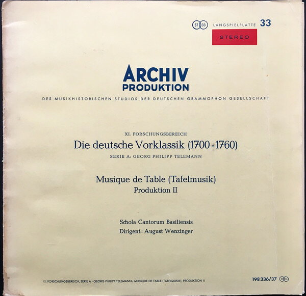 ・アーティスト Georg Philipp Telemann / Schola Cantorum Basiliensis - August Wenzinger ・タイトル Musique De Table (Tafelmusik-Banqu...