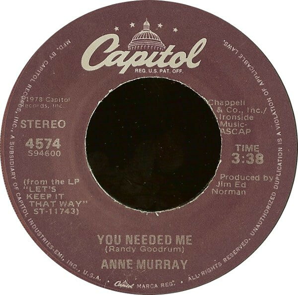・アーティスト Anne Murray ・タイトル You Needed Me ・レーベル・型番 Capitol Records 4574 ・フォーマット 7インチレコード(CDではありません) ・コンディション(盤) 良い (VG+) ・...