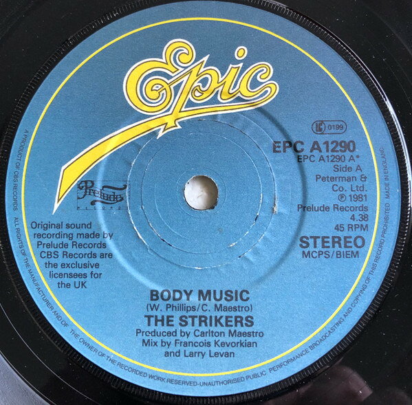 ・アーティスト Strikers ・タイトル Body Music ・レーベル・型番 Epic EPCA1290 ・フォーマット 7インチレコード ・コンディション(盤) 良い (VG+) ・コンディション(ジャケット) プレインカバー（元...