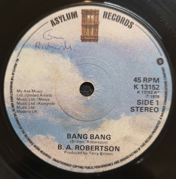 ・アーティスト B. A. Robertson ・タイトル Bang Bang ・レーベル・型番 Asylum Records K13152 ・フォーマット 7インチレコード ・コンディション(盤) 良い (VG+) ・コンディション(ジャ...