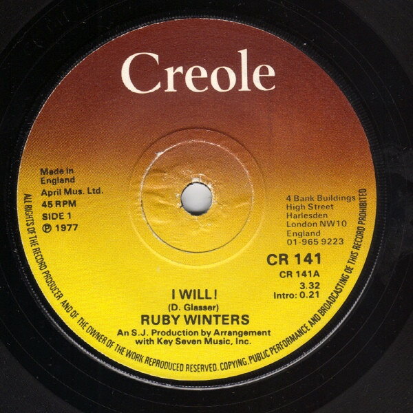 ・アーティスト Ruby Winters ・タイトル I Will! ・レーベル・型番 CREOLE RECORDS CR141 ・フォーマット 7インチレコード ・コンディション(盤) 良い (VG+) ・コンディション(ジャケット) プ...