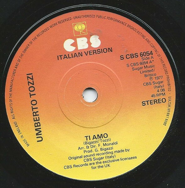 ・アーティスト Umberto Tozzi ・タイトル Ti Amo ・レーベル・型番 CBS SCBS6054 ・フォーマット 7インチレコード ・コンディション(盤) 良い (VG+) ・コンディション(ジャケット) プレインカバー（元...