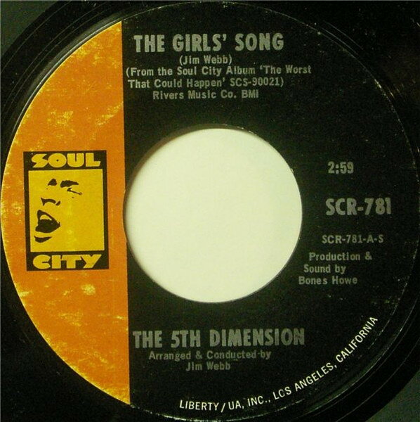 ・アーティスト Fifth Dimension ・タイトル The Girls' Song / It'll Never Be The Same Again ・レーベル・型番 Soul City SCR781 ・フォーマット 7インチレコード...
