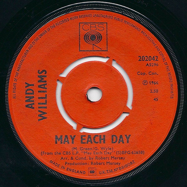 ・アーティスト Andy Williams ・タイトル May Each Day ・レーベル・型番 CBS 202042 ・フォーマット 7インチレコード ・コンディション(盤) 良い (VG+) ・コンディション(ジャケット) プレインカ...