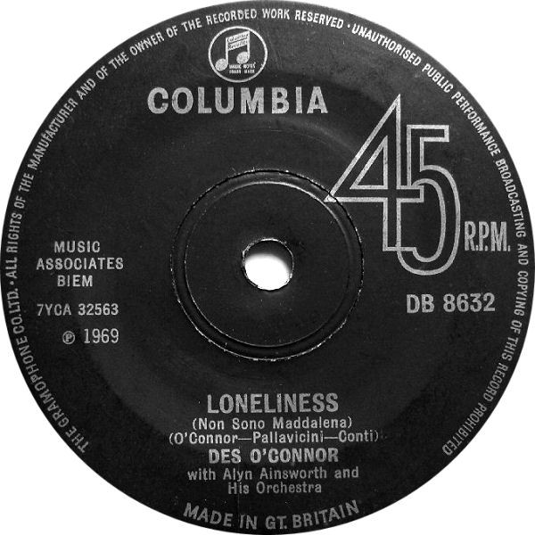 ・アーティスト Des O'Connor ・タイトル Loneliness (Non Sono Maddalena) ・レーベル・型番 Columbia DB8632 ・フォーマット 7インチレコード ・コンディション(盤) 良い (VG+...