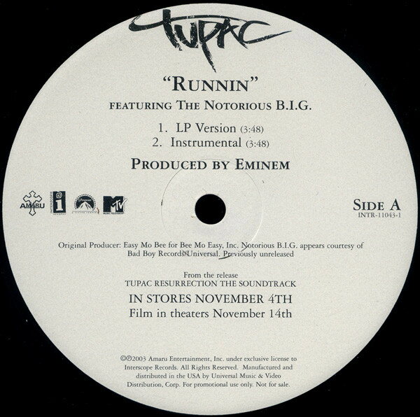 ・アーティスト 2Pac, Notorious B.I.G. ・タイトル Runnin ・レーベル・型番 Interscope Records INTR110431 ・フォーマット 12インチレコード ・コンディション(盤) 良い (VG+...