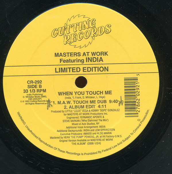 ・アーティスト Masters At Work, India ・タイトル When You Touch Me (Remix) ・レーベル・型番 Cutting Records CR292 ・フォーマット 12インチレコード ・コンディション...