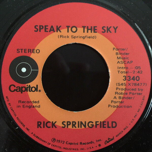 ・アーティスト Rick Springfield ・タイトル Speak To The Sky ・レーベル・型番 Capitol Records 3340 ・フォーマット 7インチレコード ・コンディション(盤) 良い (VG+) ・コンデ...
