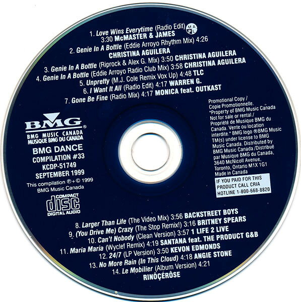 ・アーティスト Various ・タイトル Bmg Dance Compilation #33 ・レーベル・型番 BMG Music Canada KCDP51749 ・フォーマット CD ・コンディション(盤) 良い (VG+) ・コンデ...