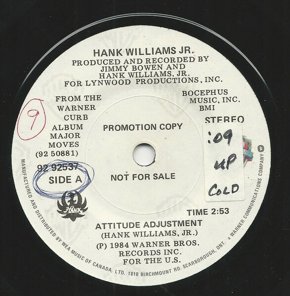 ・アーティスト Hank Williams Jr. ・タイトル Attitude Adjustment / Knoxville Courthouse Blues ・レーベル・型番 Warner Bros. Records 9292537PR...