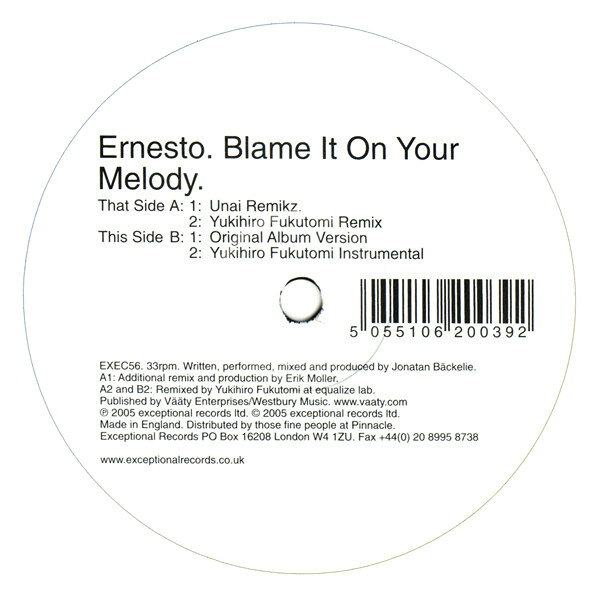・アーティスト Ernesto ・タイトル Blame It On Your Melody ・レーベル・型番 Exceptional EXEC56 ・フォーマット 12インチレコード ・コンディション(盤) 良い (VG+) ・コンディショ...