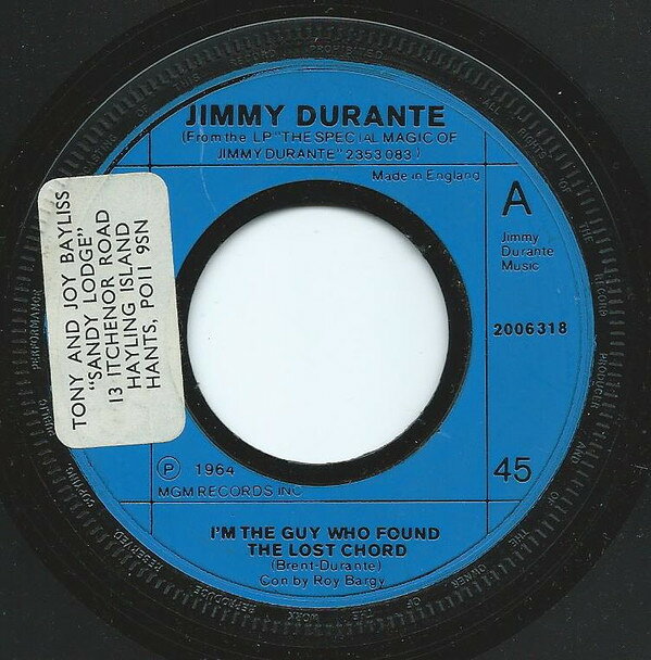 ・アーティスト Jimmy Durante ・タイトル I'm The Guy Who Found The Lost Chord ・レーベル・型番 MGM Records 2006318 ・フォーマット 7インチレコード ・コンディション(...