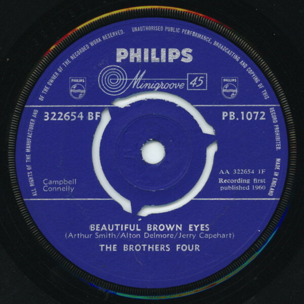 ・アーティスト Brothers Four ・タイトル Beautiful Brown Eyes ・レーベル・型番 Philips PB1072 ・フォーマット 7インチレコード ・コンディション(盤) 良い (VG+) ・コンディション(...
