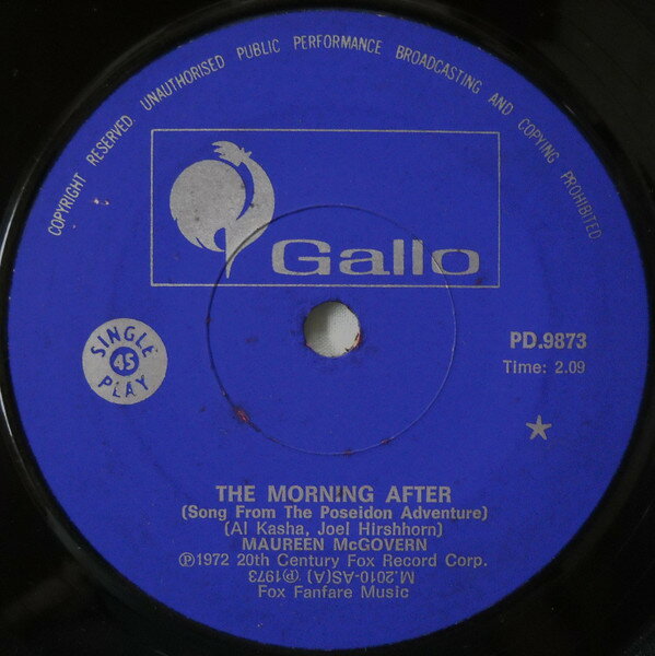 ・アーティスト Maureen McGovern ・タイトル The Morning After ・レーベル・型番 Gallo PD9873 ・フォーマット 7インチレコード ・コンディション(盤) 可 (VG) ・コンディション(ジャケッ...