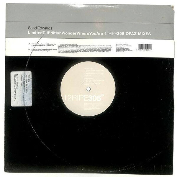 ・アーティスト Sandi Edwards ・タイトル Wonder Where You Are (Opaz Mixes) ・レーベル・型番 RIPE RECORDINGS 12RIPE305 ・フォーマット 12インチレコード ・コンディ...