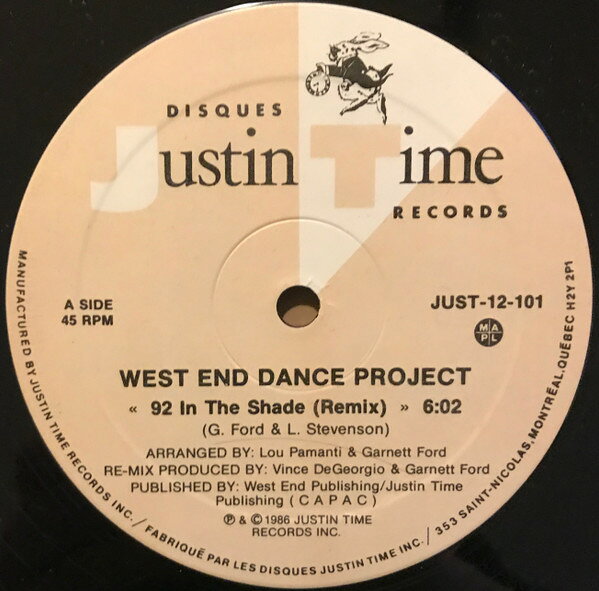 ・アーティスト West End Dance Project ・タイトル 92 In The Shade ・レーベル・型番 Justin Time JUST12101 ・フォーマット 12インチレコード ・コンディション(盤) 良い (VG...
