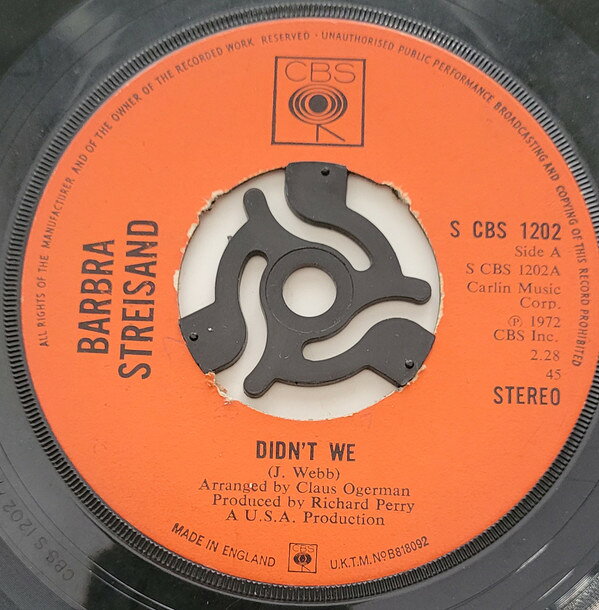 ・アーティスト Barbra Streisand ・タイトル Didn't We Almost Have It All ・レーベル・型番 CBS SCBS1202 ・フォーマット 7インチレコード ・コンディション(盤) 良い (VG+) ...