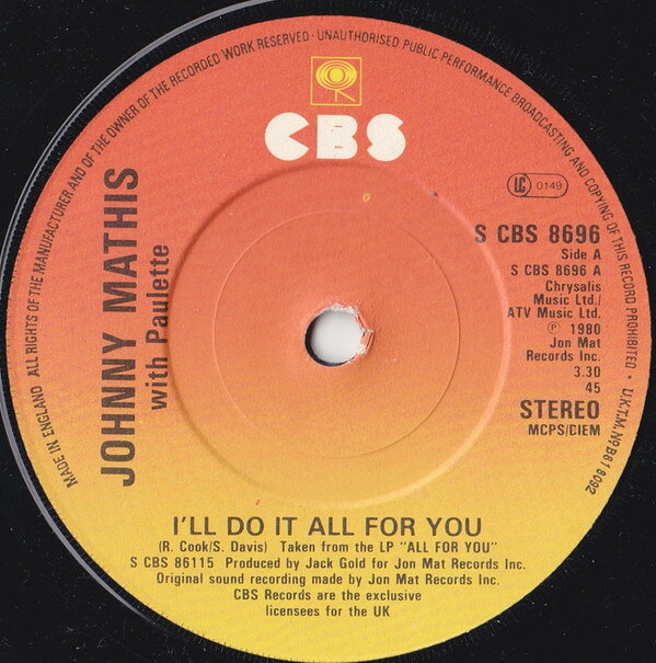 ・アーティスト Johnny Mathis, Paulette McWilliams ・タイトル I'll Do It All For You ・レーベル・型番 CBS SCBS8696 ・フォーマット 7インチレコード ・コンディション(...