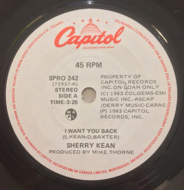 ・アーティスト Sherry Kean ・タイトル I Want You Back ・レーベル・型番 Capitol Records SPRO242 ・フォーマット 7インチレコード ・コンディション(盤) 良い (VG+) ・コンディショ...