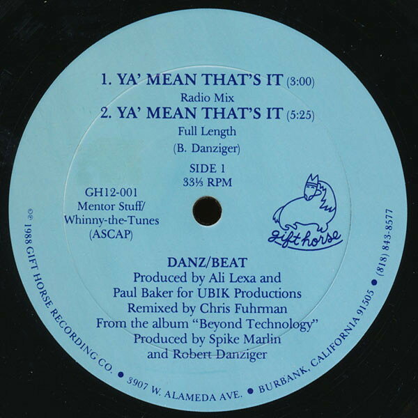 ・アーティスト Danz/Beat ・タイトル Ya' Mean That's It ・レーベル・型番 Gift Horse GH12001 ・フォーマット 12インチレコード ・コンディション(盤) 非常に良い(EX) ・コンディション(...