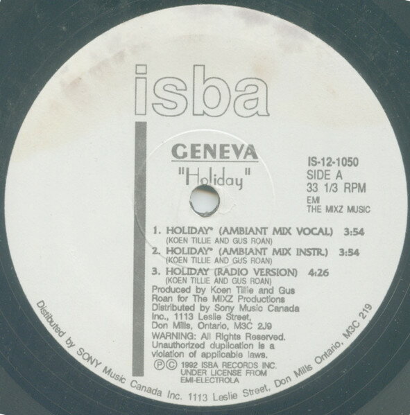 ・アーティスト Geneva ・タイトル Holiday ・レーベル・型番 ISBA IS121050 ・フォーマット 12インチレコード ・コンディション(盤) 良い (VG+) ・コンディション(ジャケット) プレインカバー（元ジャケッ...