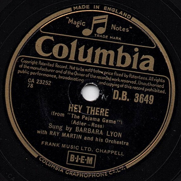 ・アーティスト Barbara Lyon, Ray Martin & His Orchestra ・タイトル Hey There / I Went To The Village - My Lover Who Lied ・レーベル・型番 CO...