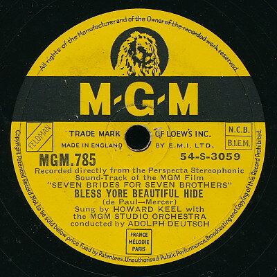 ・アーティスト Howard Keel, Jane Powell ・タイトル Bless Your Beautiful Hide / Wonderful Wonderful Day ・レーベル・型番 MGM RECORDS MGM785 ・...