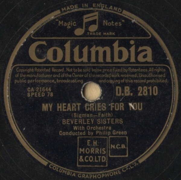 ・アーティスト Beverley Sisters ・タイトル Teasin / My Heart Cries For You ・レーベル・型番 COLUMBIA DB2810 ・フォーマット 78回転SP盤レコード ・コンディション(盤) ...