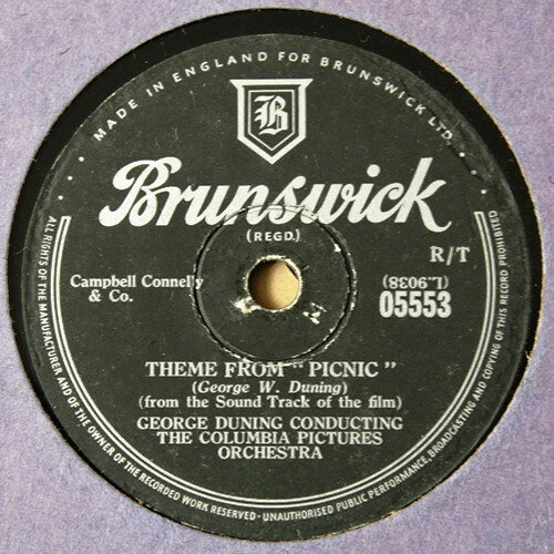 ・アーティスト George Duning, Columbia Pictures Orchestra ・タイトル Theme From Picnic / Moonglow ・レーベル・型番 BRUNSWICK 05553 ・フォーマット 7...