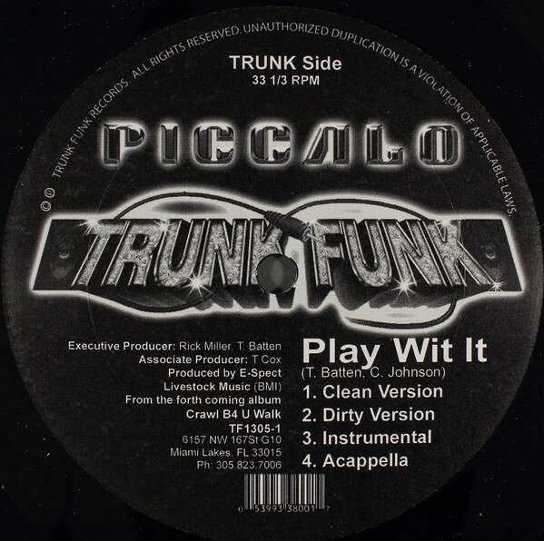 ・アーティスト Piccalo ・タイトル Play Wit It / No Brakes ・レーベル・型番 Trunk Funk Records TF1305 ・フォーマット 12インチレコード ・コンディション(盤) 良い (VG+) ...