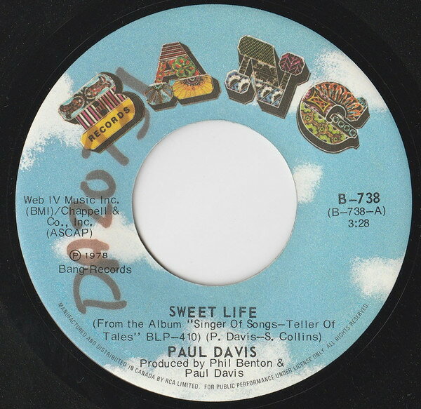 ・アーティスト Paul Davis (3) ・タイトル Sweet Life ・レーベル・型番 Bang Records B738 ・フォーマット 7インチレコード ・コンディション(盤) 良い (VG+) ・コンディション(ジャケット)...