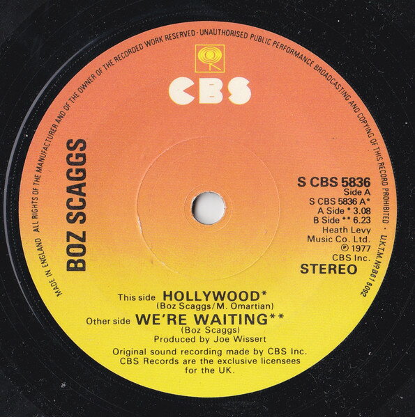 ・アーティスト Boz Scaggs ・タイトル Hollywood ・レーベル・型番 CBS SCBS5836 ・フォーマット 7インチレコード ・コンディション(盤) 良い (VG+) ・コンディション(ジャケット) プレインカバー（元...