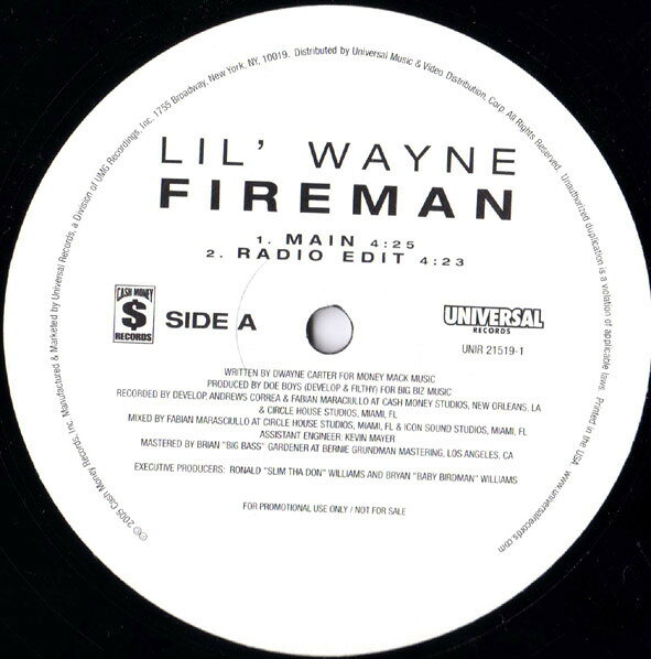 ・アーティスト Lil Wayne ・タイトル Fireman ・レーベル・型番 Cash Money Records, Universal Records UNIR215191 ・フォーマット 12インチレコード ・コンディション(盤) ...